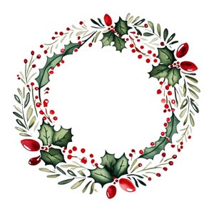 20 Watercolor Christmas Wreath, Christmas Wreath Clipart, Holly Wreath ...