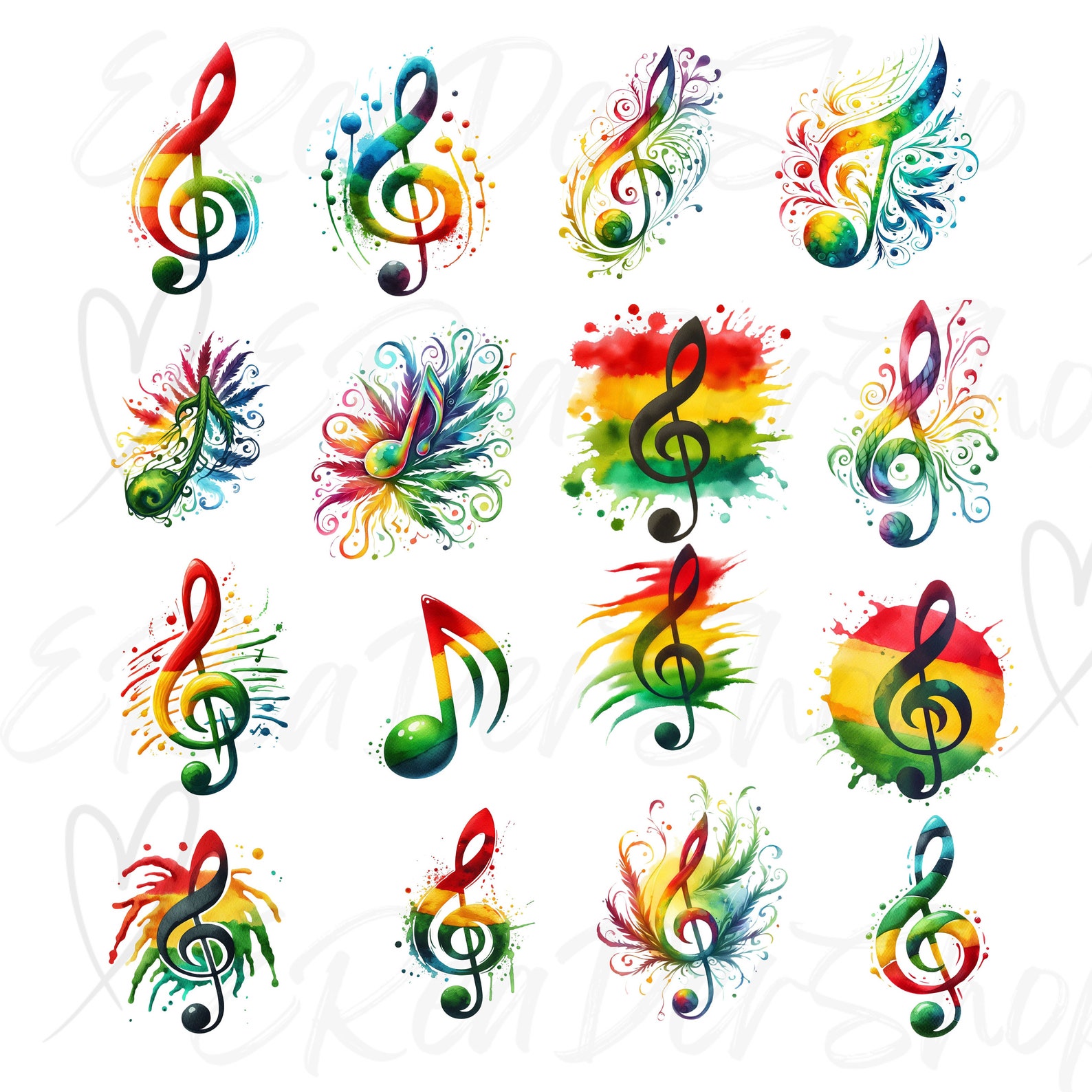 20 Watercolor Music Notes Clipart, Rastafarian Color, Treble Clef ...