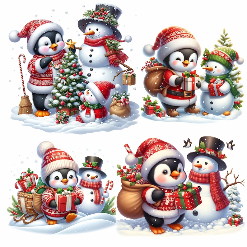 25 Cute Winter Penguins Clipart, Christmas Penguin and Snowman Clipart ...
