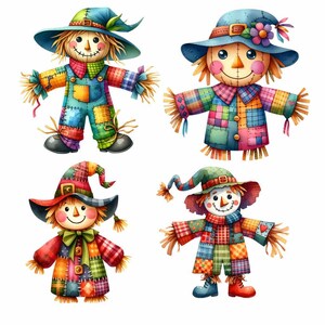 12 Cute Watercolor Patchwork Scarecrows Clipart, Autumn Clipart, Fall ...