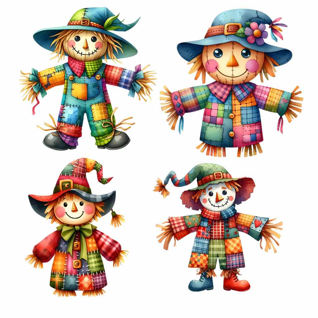 12 Cute Watercolor Patchwork Scarecrows Clipart, Autumn Clipart, Fall ...
