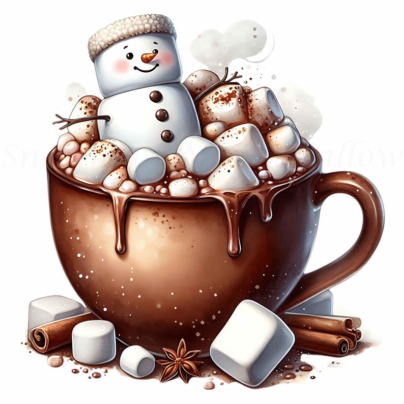 17 Cute Marshmallow Melting Snowman, Overflowing Hot Cocoa, Cozy Winter ...