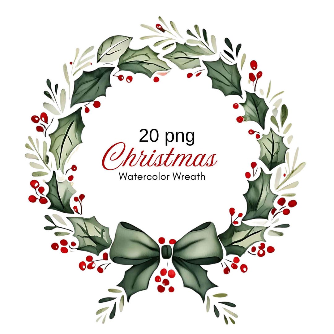 20 Watercolor Christmas Wreath, Christmas Wreath Clipart, Holly Wreath ...