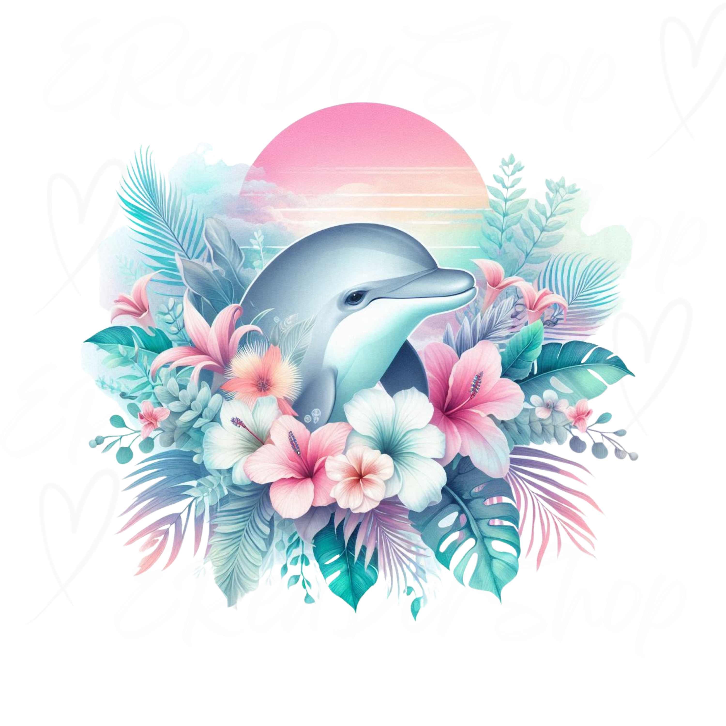 15 Watercolor, Tropical Sunset Dolphin, Cartoon Dolphin, Clipart, Sea ...