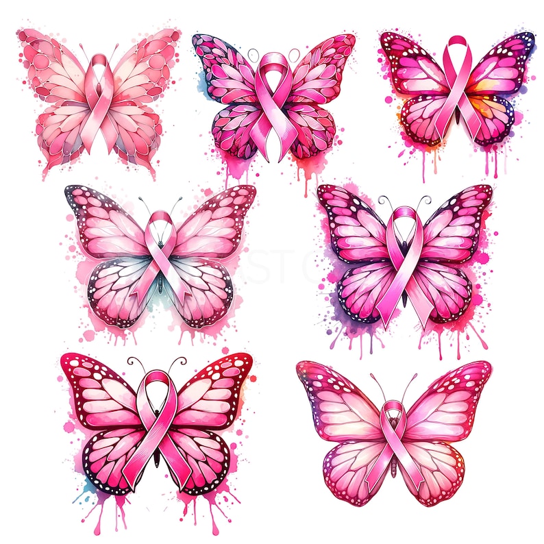 10 Watercolor Pink Ribbon Butterfly, Breast Cancer Awareness Butterfly ...
