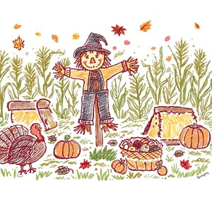 Fall Harvest Clipart: Scarecrow, Turkey, Pumpkin Field Illustration ...
