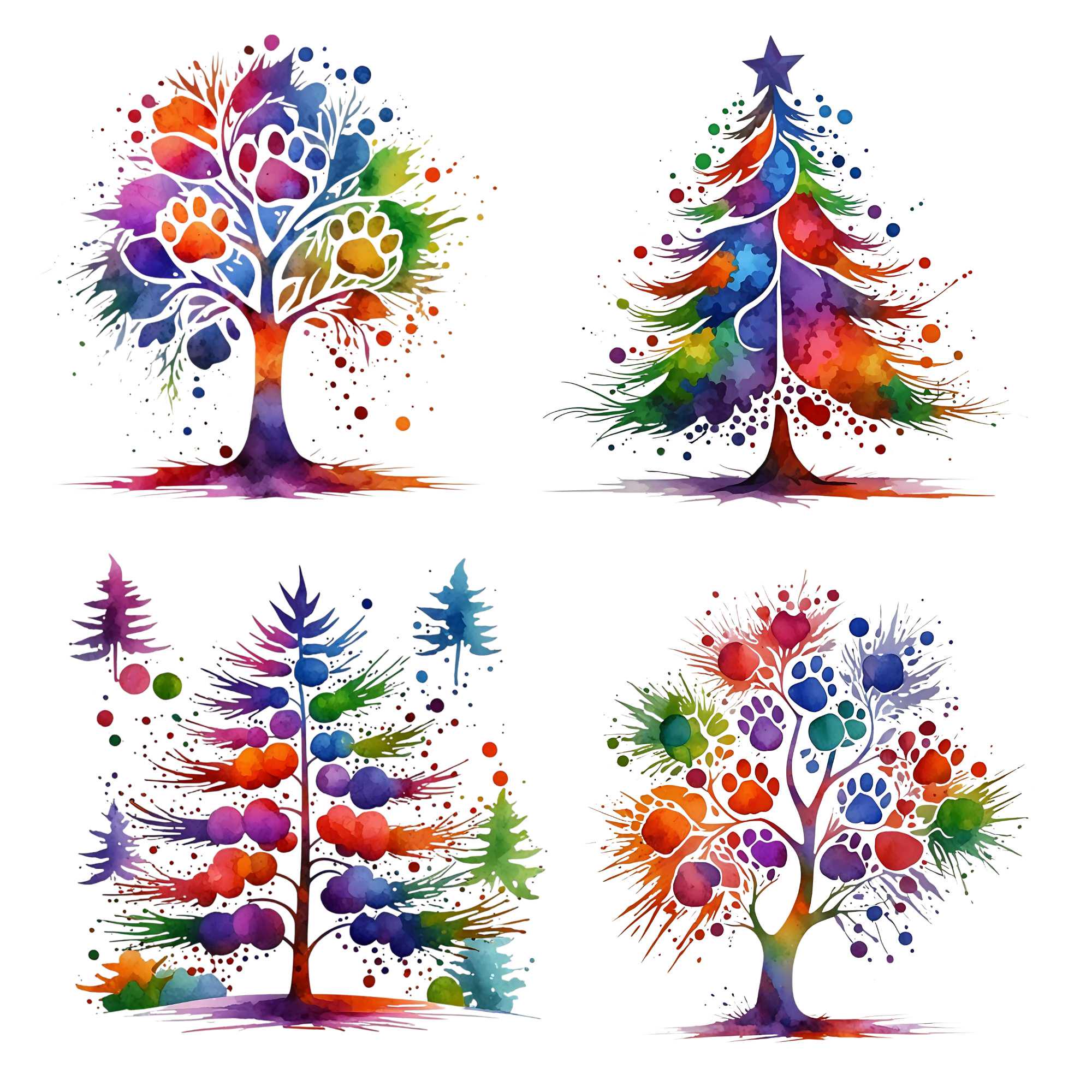 15 Rainbow Watercolor Christmas Trees, Christmas Tree Clipart, Dog Paw ...