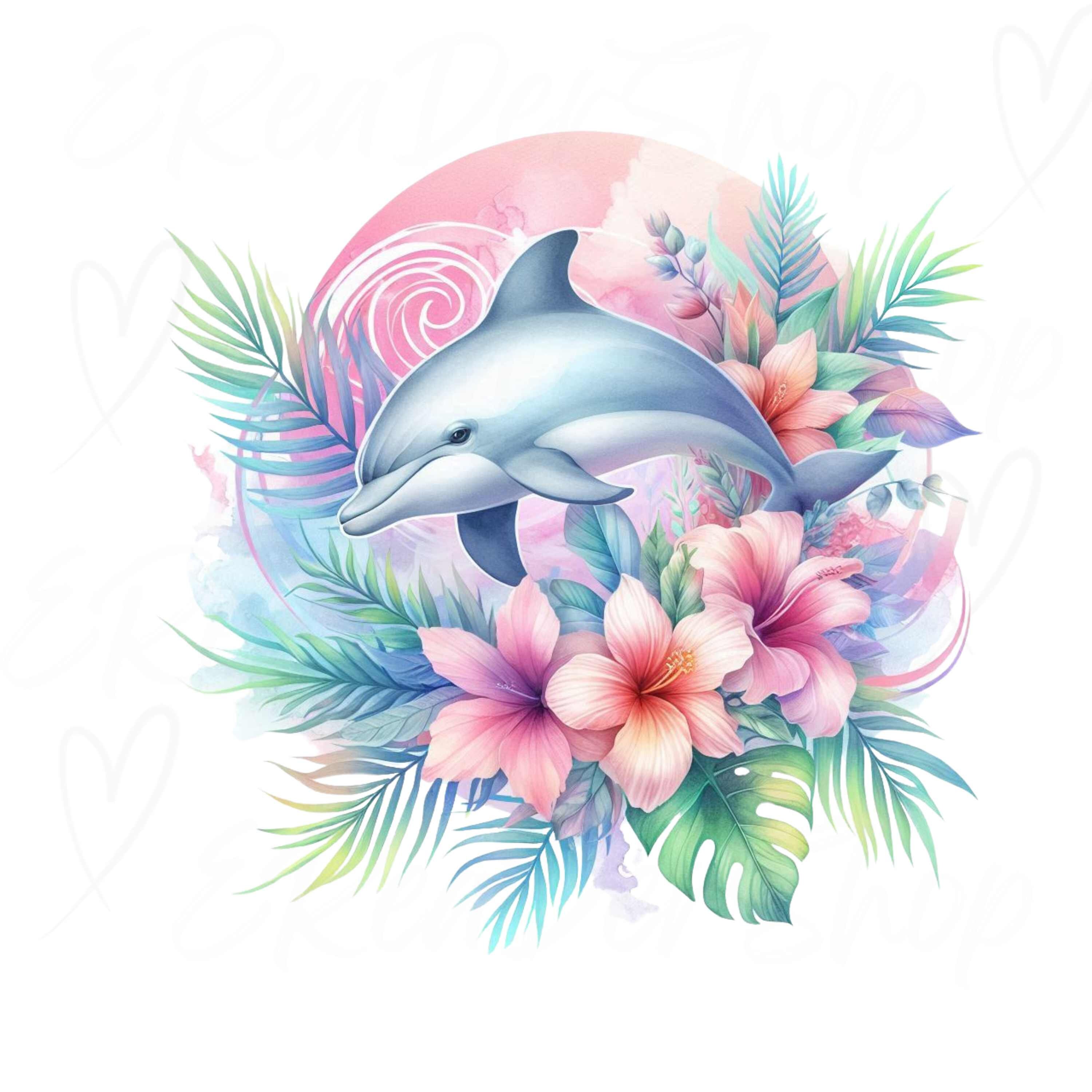 15 Watercolor, Tropical Sunset Dolphin, Cartoon Dolphin, Clipart, Sea ...
