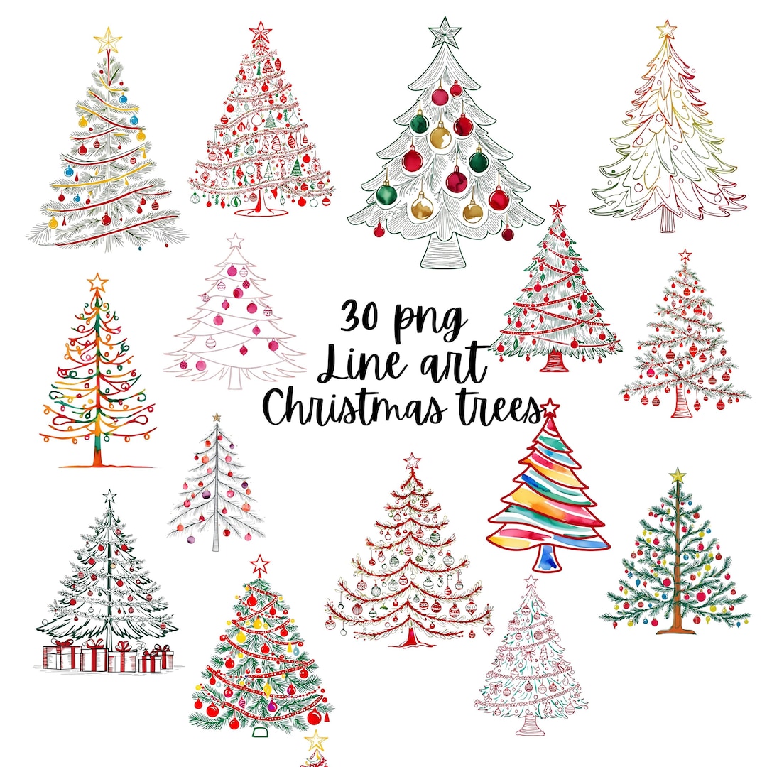 20 Line Art Christmas Trees, Watercolor Christmas Tree Clipart ...