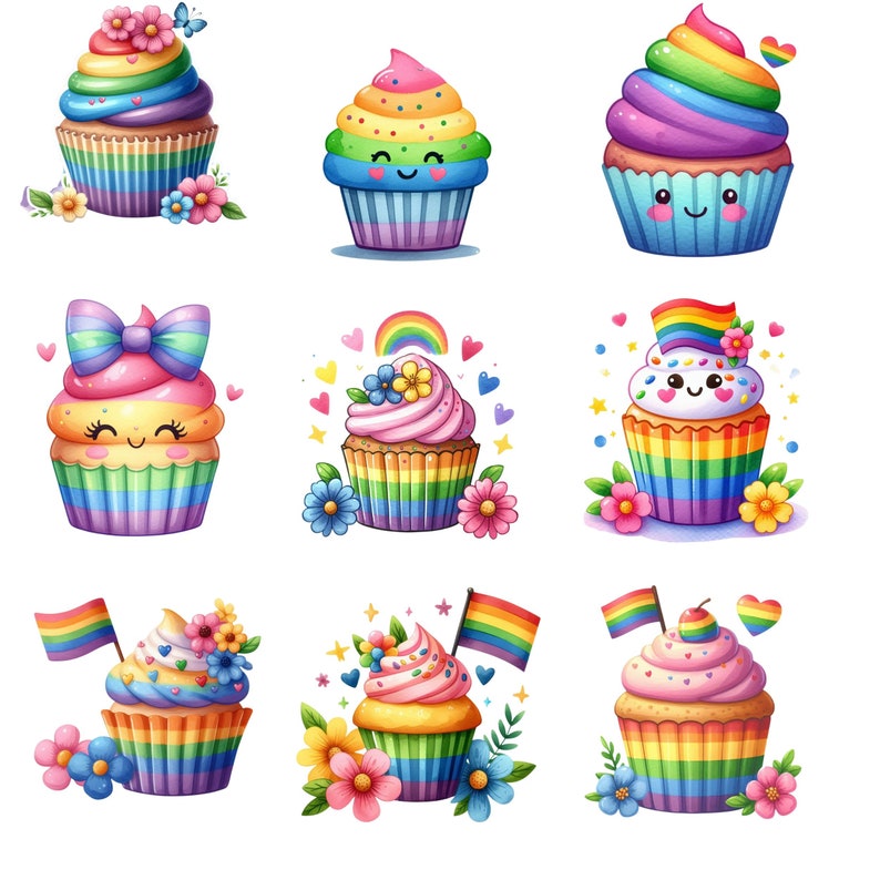 Rainbow Cupcakes PNG, Kawaii Watercolor Clipart, (digital Download) - Etsy