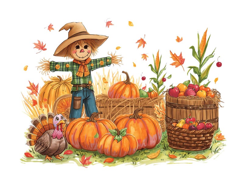 Fall Harvest Clipart: Scarecrow, Turkey, Pumpkin Field Illustration ...
