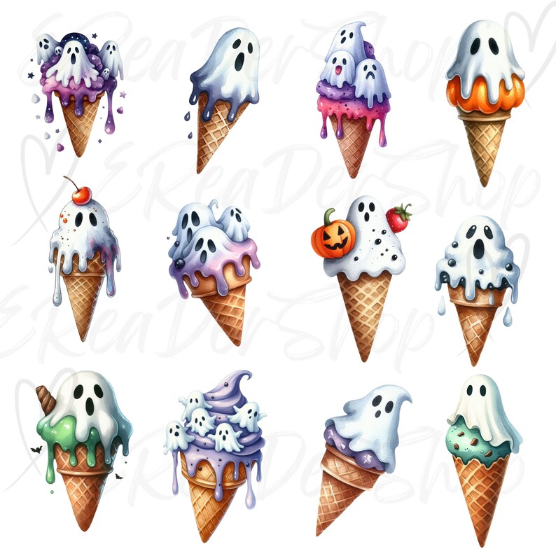 12 Cute Icecream Ghosts Clipart, Halloween Ghosts, Spookey Icecream ...