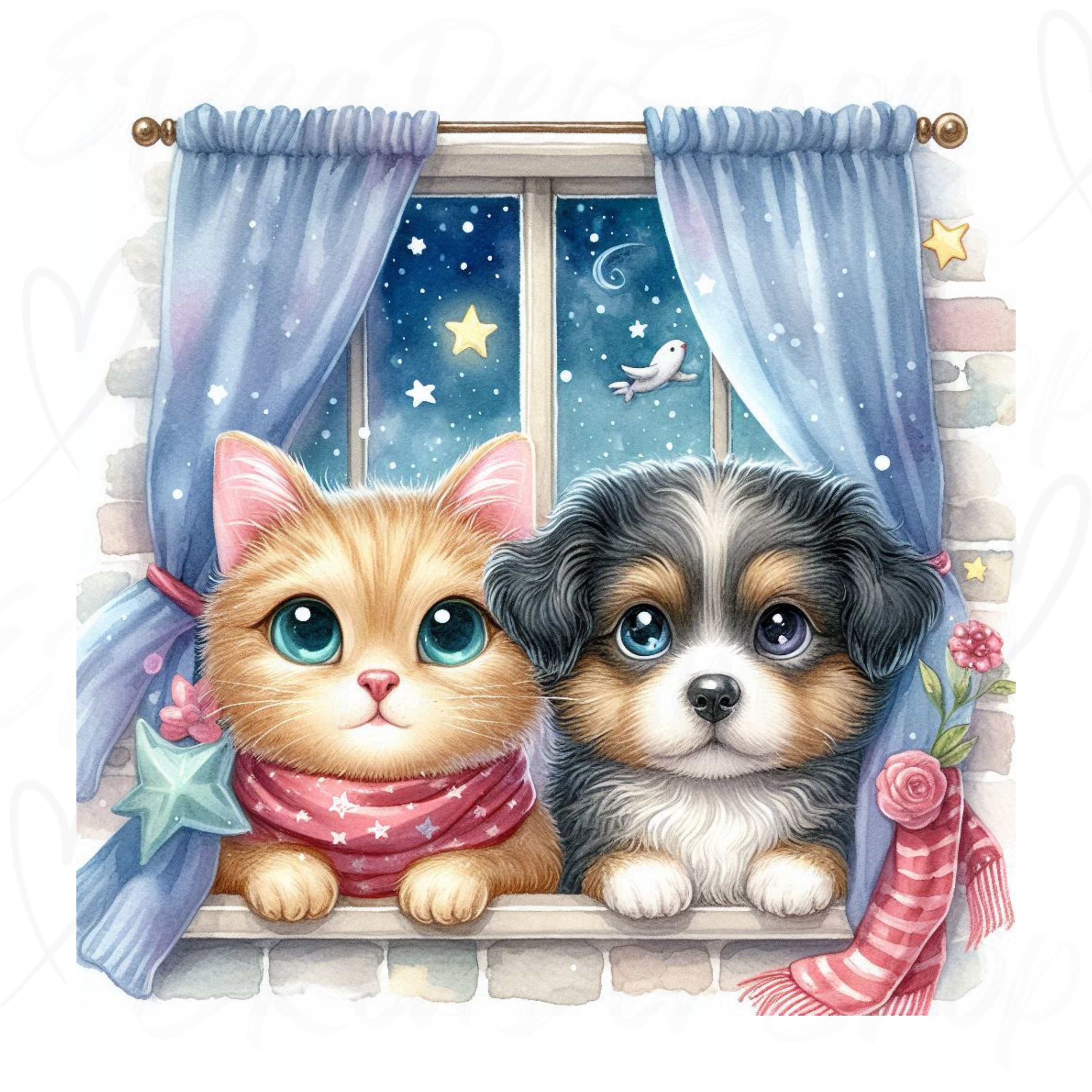 30 Cat and Dog Clipart, Watercolor Home Scene, Cute Cat and Dog Clipart ...
