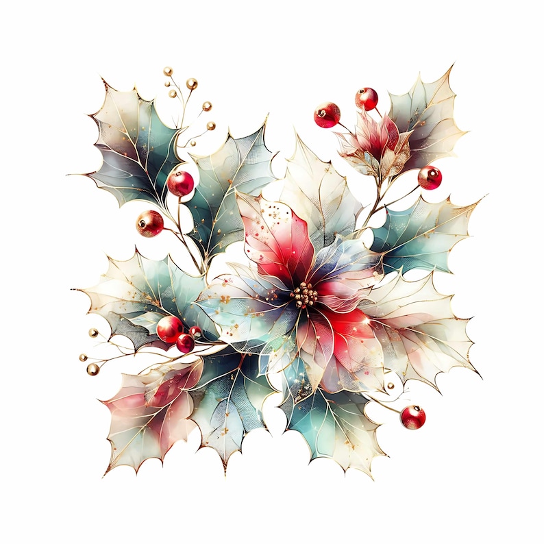 18 Christmas Holly Clipart, Watercolor Christmas Holly Abstracts ...