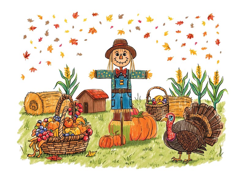 Fall Harvest Clipart: Scarecrow, Turkey, Pumpkin Field Illustration ...