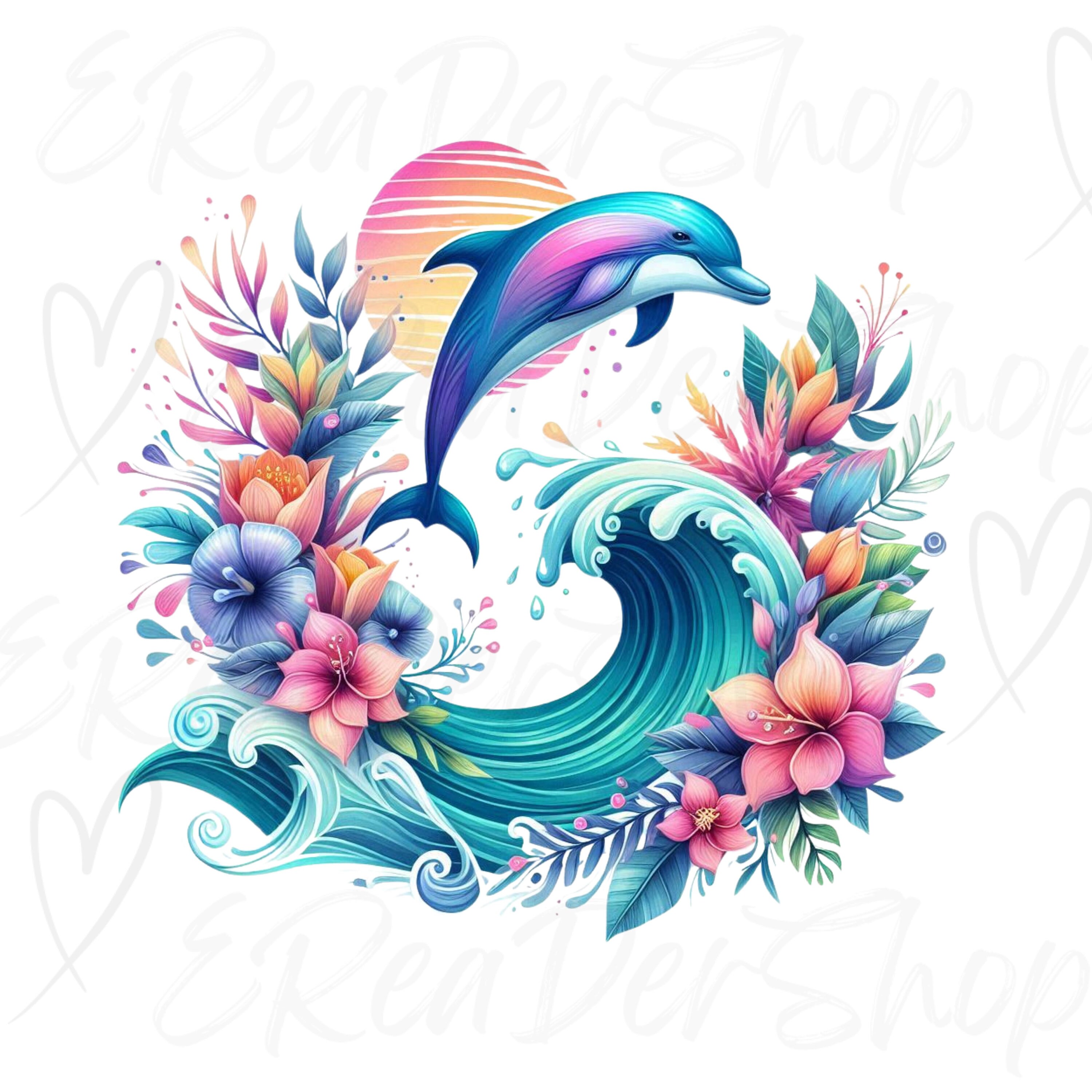 25 Watercolor, Tropical Sunset Dolphin, Cartoon Dolphin, Clipart, Sea ...