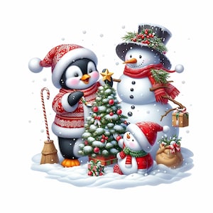 25 Cute Winter Penguins Clipart, Christmas Penguin and Snowman Clipart ...
