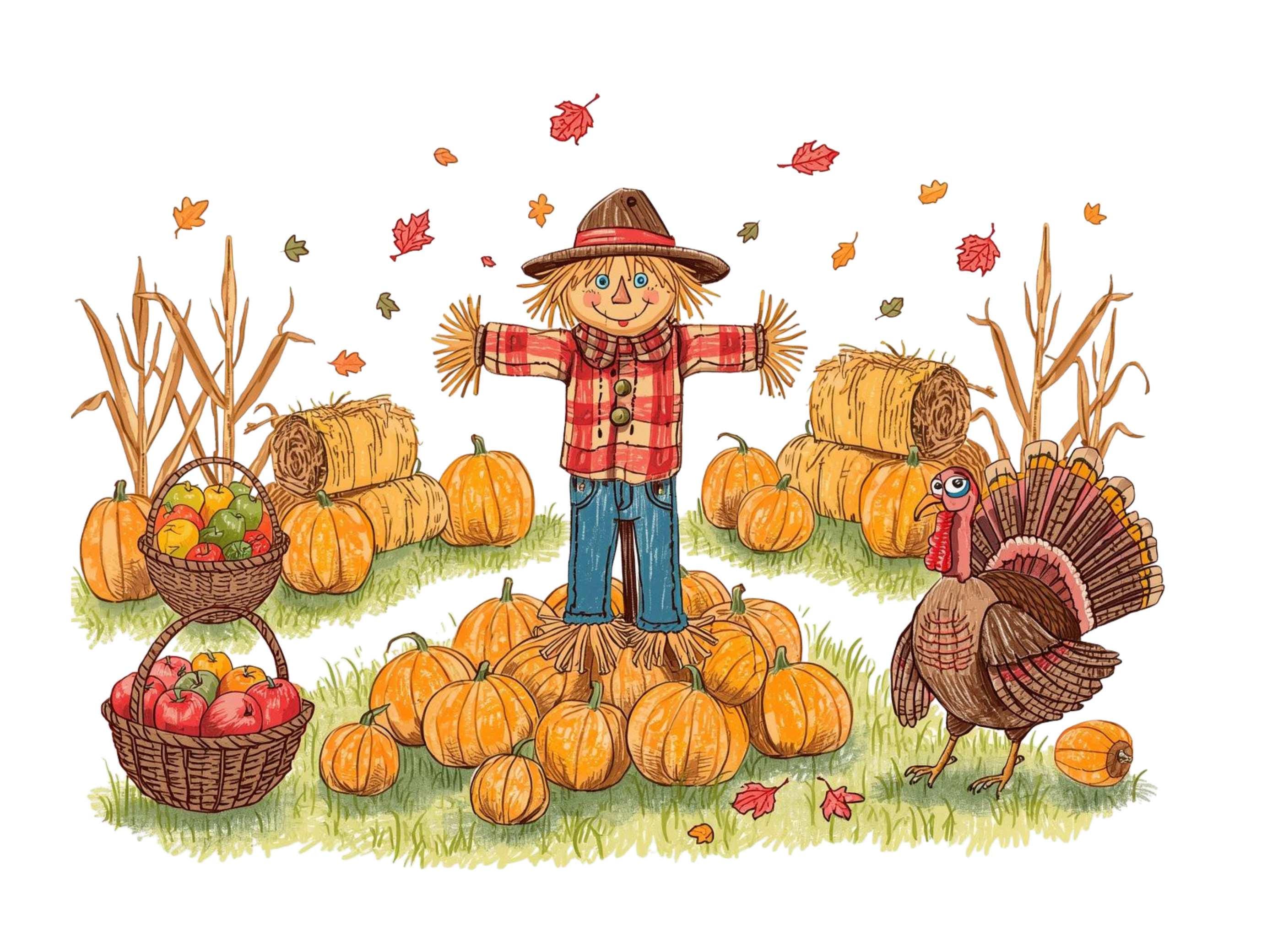 Fall Harvest Clipart: Scarecrow, Turkey, Pumpkin Field Illustration ...