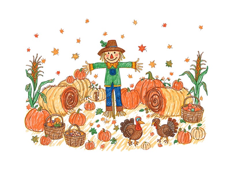 Fall Harvest Clipart: Scarecrow, Turkey, Pumpkin Field Illustration ...