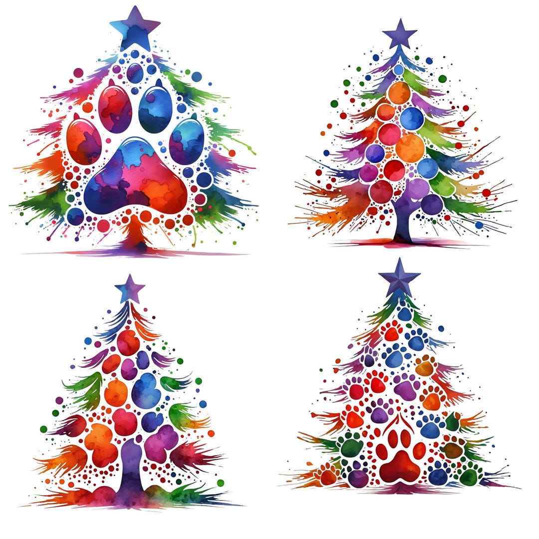 15 Rainbow Watercolor Christmas Trees, Christmas Tree Clipart, Dog Paw ...