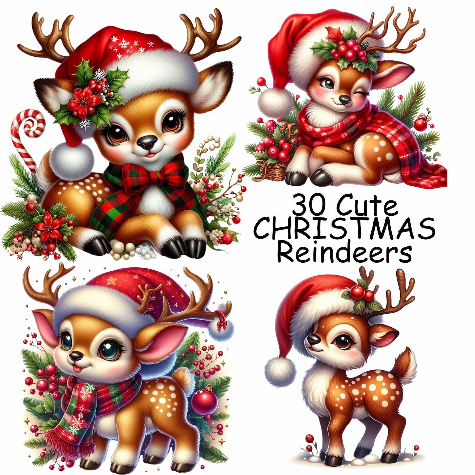 30 Cute Christmas Reindeers, Reindeer Clipart, Watercolor Reindeer ...