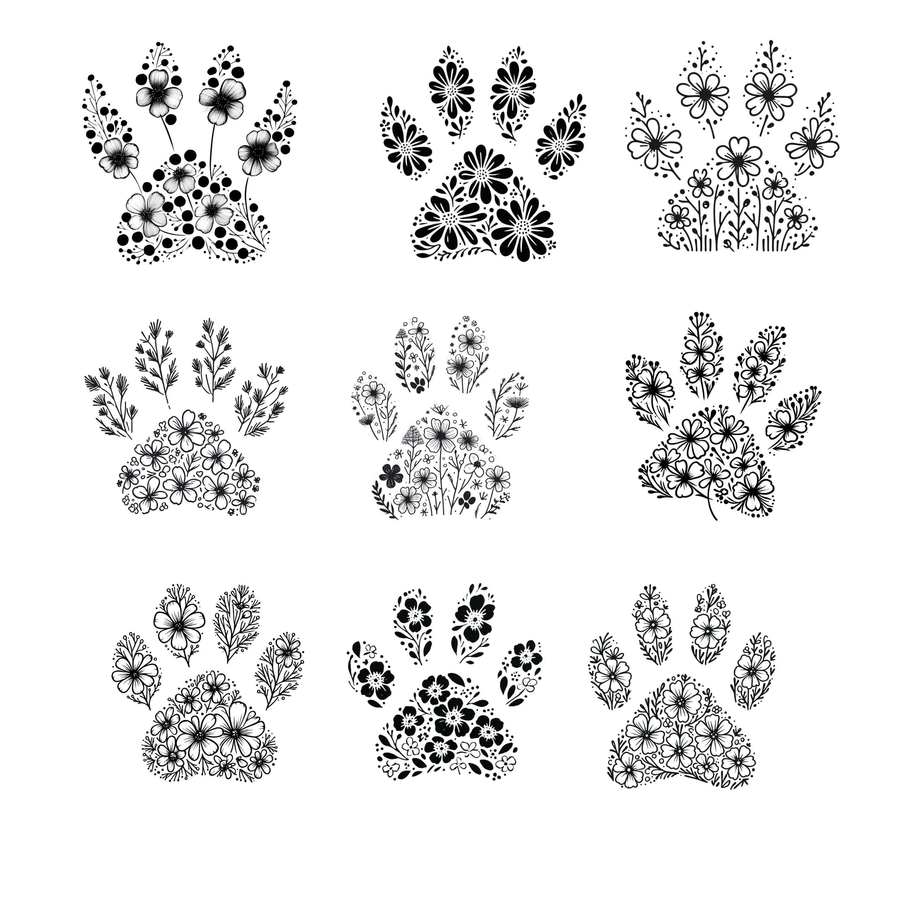 18 Doodle Floral Paw Clipart, Dog Prints, Pet Prints, Floral Paws, Paw ...