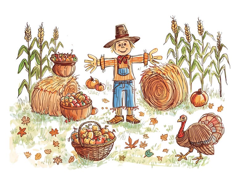 Fall Harvest Clipart: Scarecrow, Turkey, Pumpkin Field Illustration ...