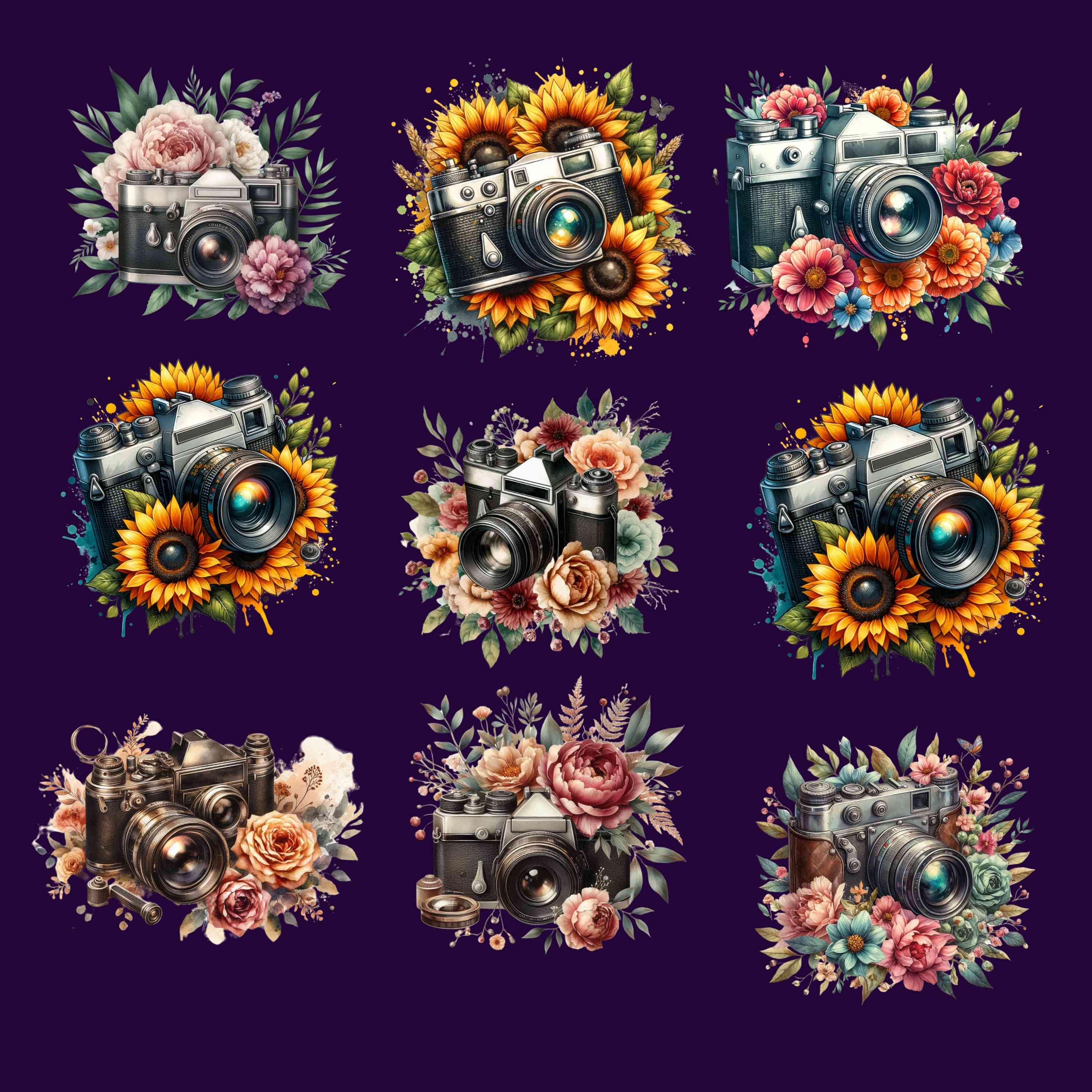 20 Watercolor Floral Camera, Vintage Camera Clipart, Digital Download ...