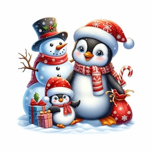 25 Cute Winter Penguins Clipart, Christmas Penguin and Snowman Clipart ...