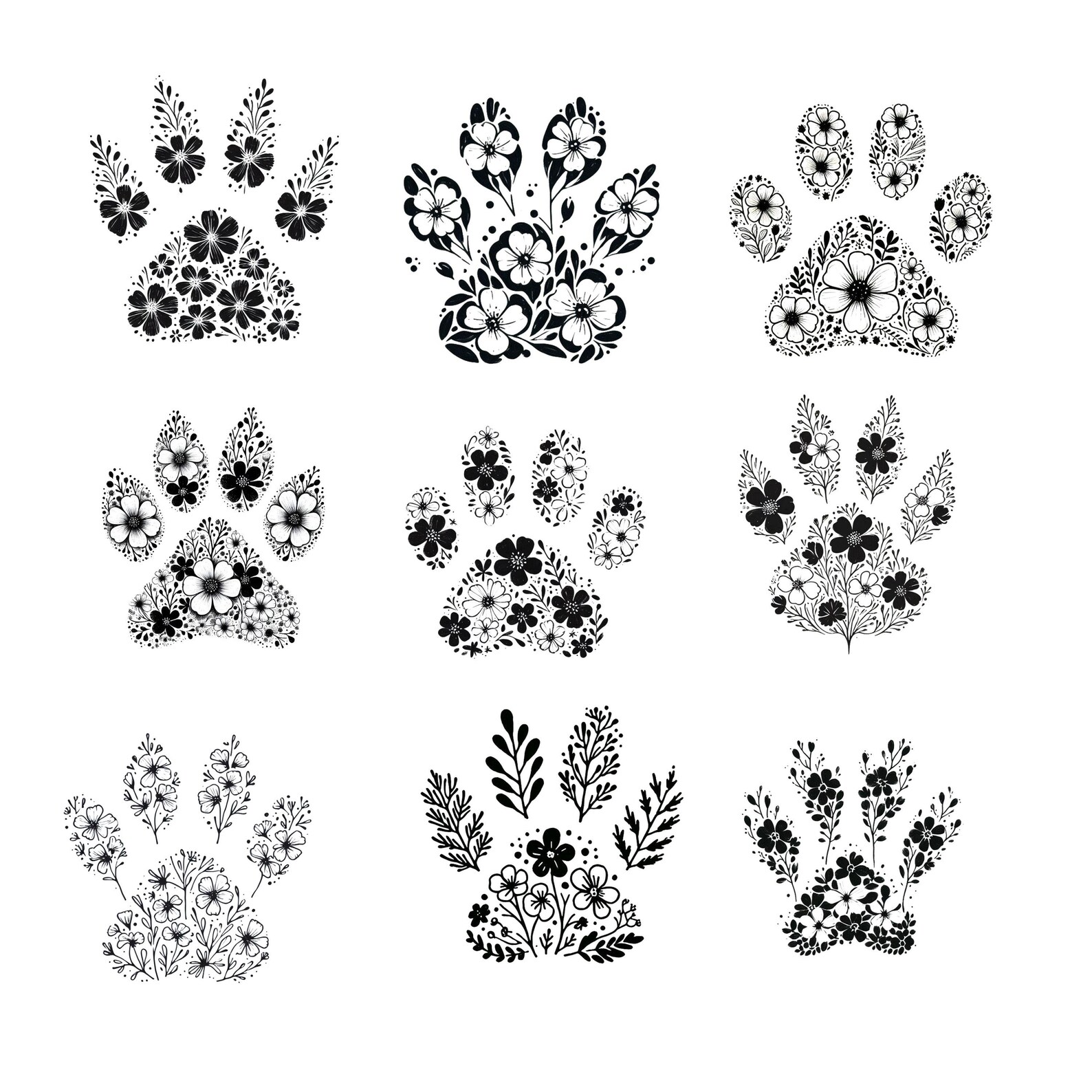 18 Doodle Floral Paw Clipart, Dog Prints, Pet Prints, Floral Paws, Paw ...