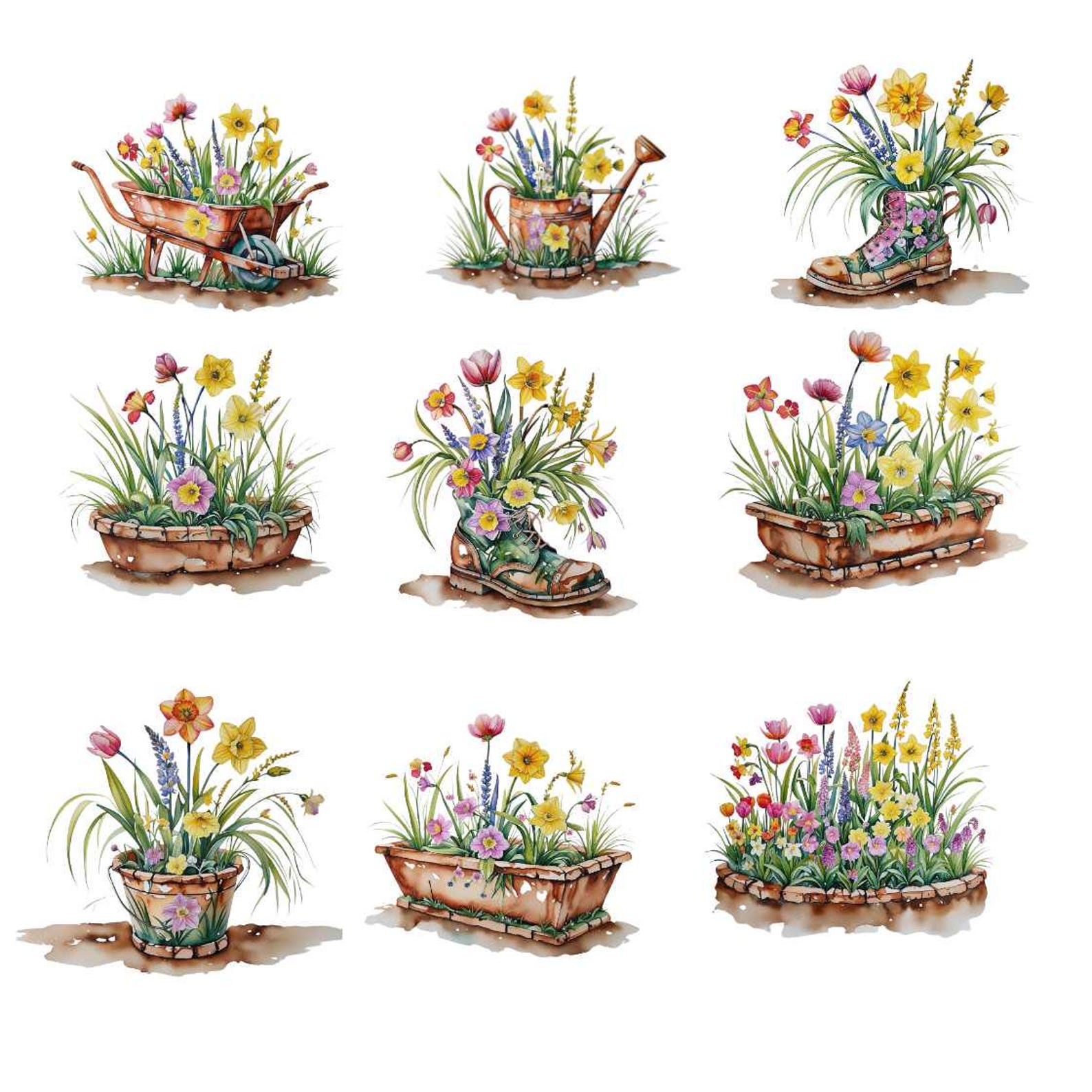20 Watercolor Spring Flowerbeds Clipart, Spring Flowers, Watercolor ...