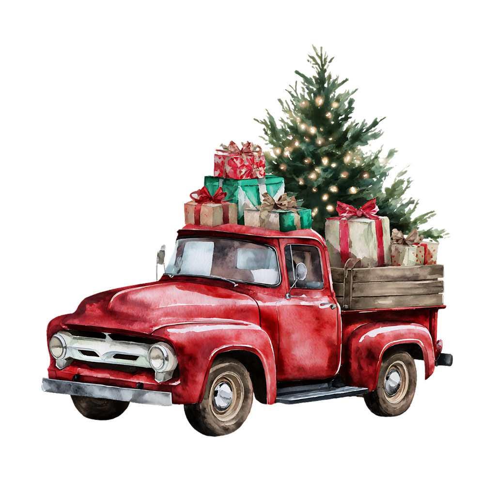 Vintage Watercolor Red Truck Christmas Clipart: PNG, Printable Digital ...