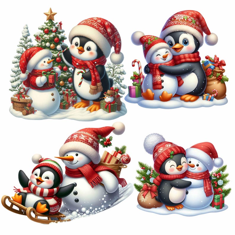 25 Cute Winter Penguins Clipart, Christmas Penguin and Snowman Clipart ...