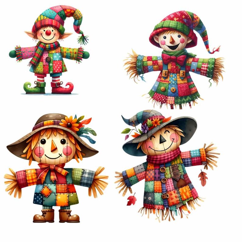 12 Cute Watercolor Patchwork Scarecrows Clipart, Autumn Clipart, Fall ...