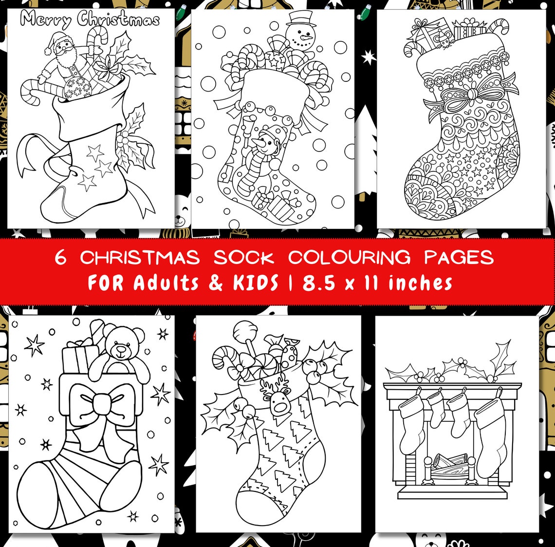 Colouring Pages: Christmas Sock Colouring Pages for Adults & Kids 6 ...