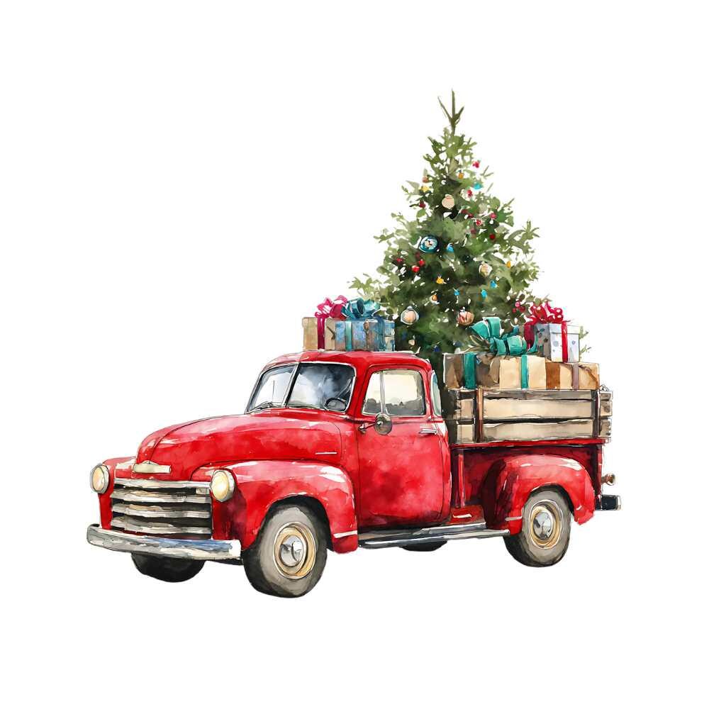 Vintage Watercolor Red Truck Christmas Clipart: PNG, Printable Digital ...