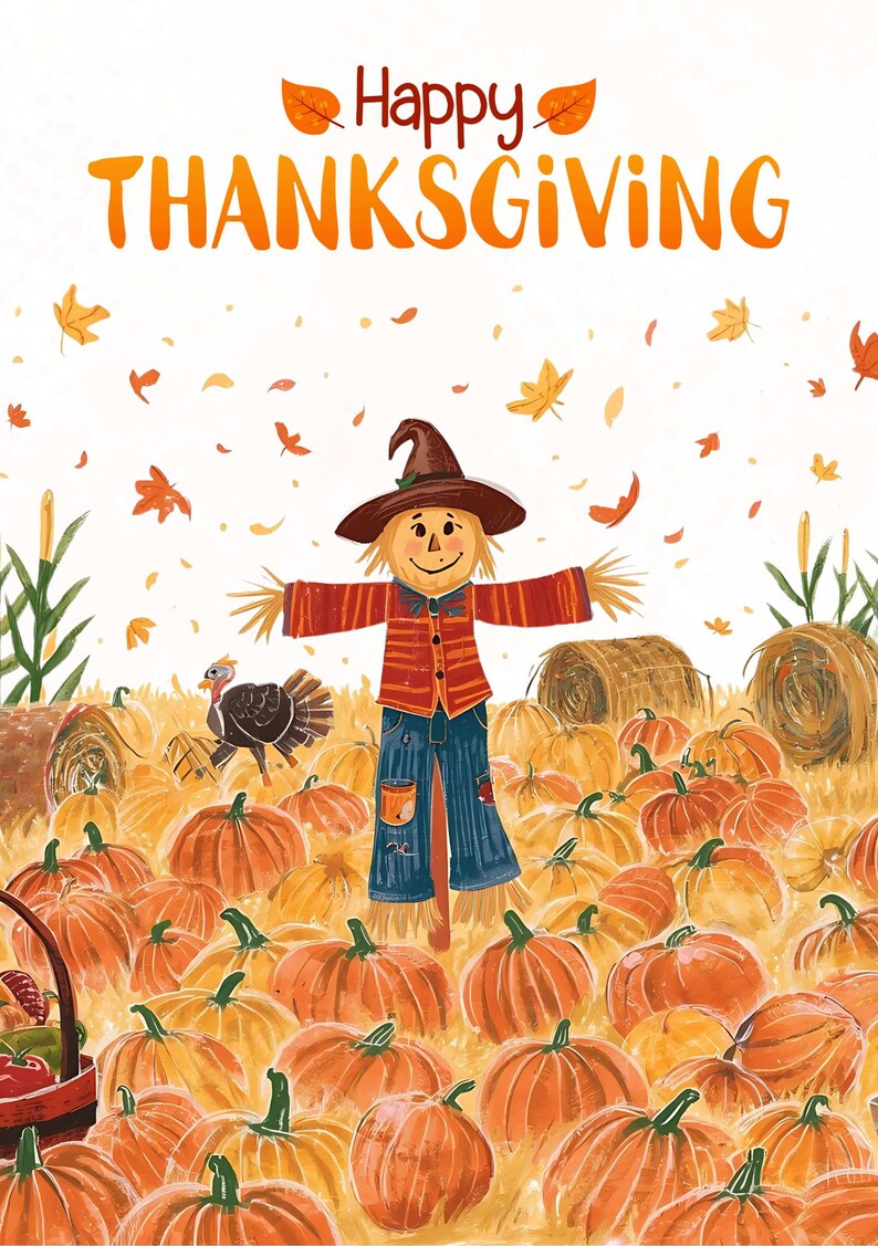 Fall Harvest Clipart: Scarecrow, Turkey, Pumpkin Field Illustration ...