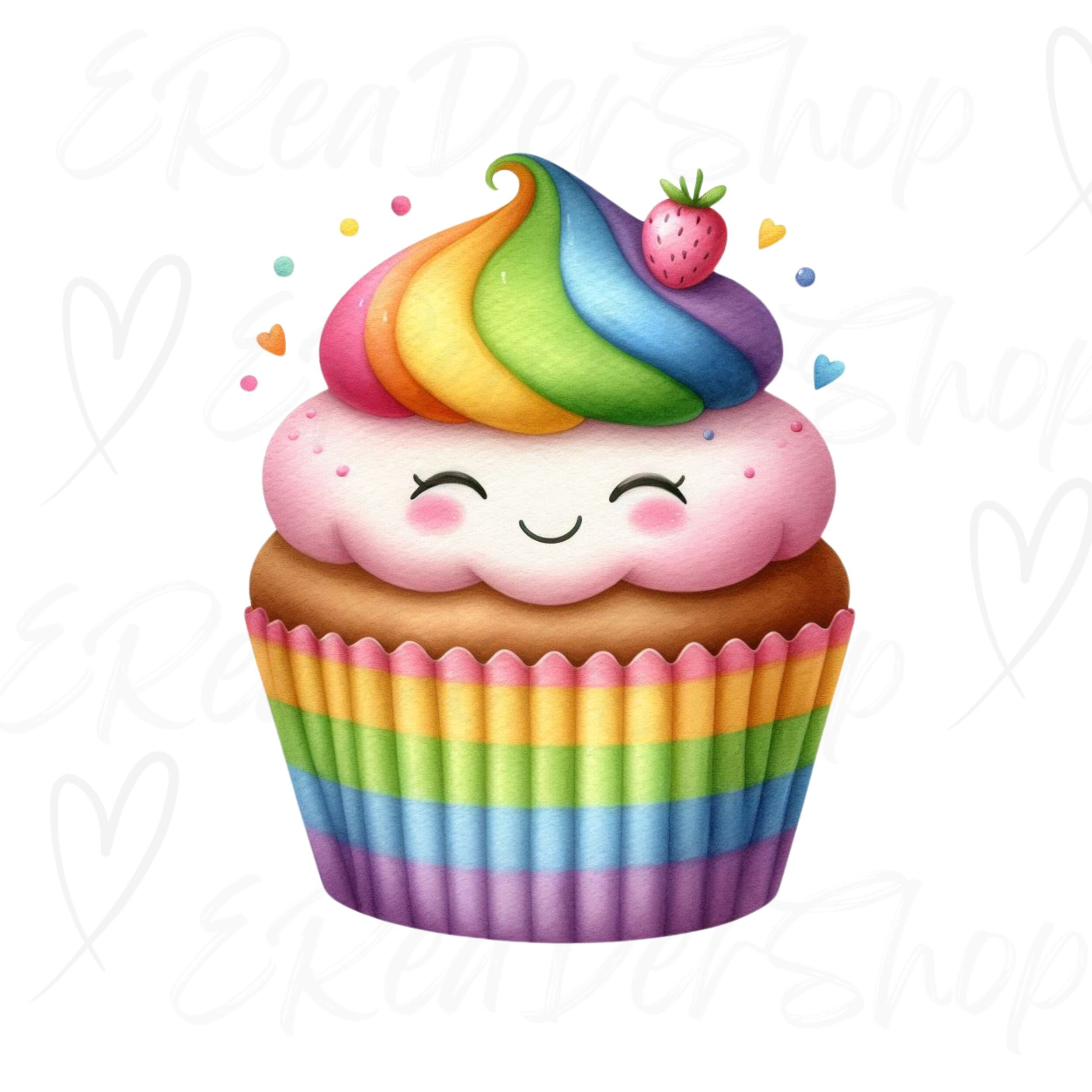 30 Png Rainbow Cupcakes, Watercolor Cupcakes, Cute Kawaii Rainbow ...