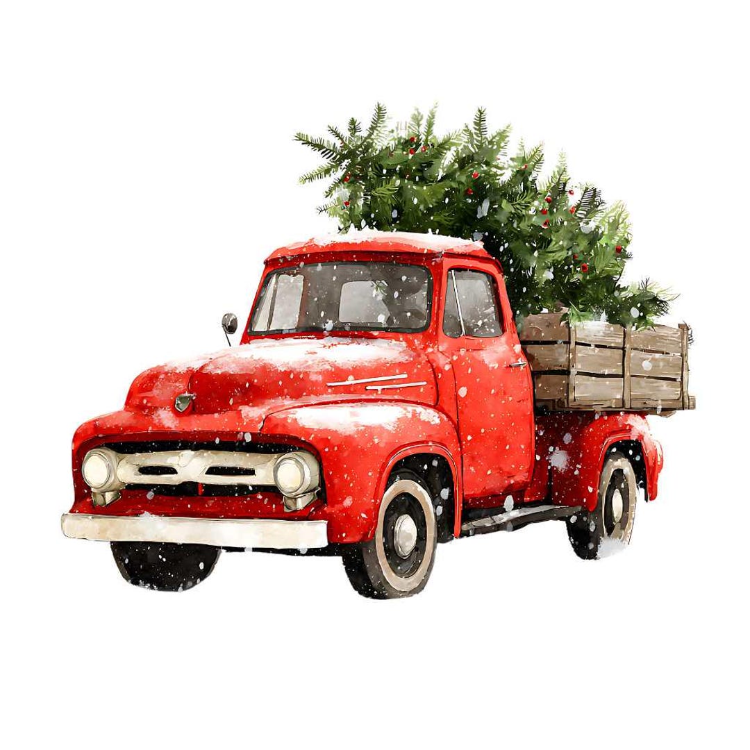Vintage Watercolor Red Truck Christmas Clipart: PNG, Printable Digital ...