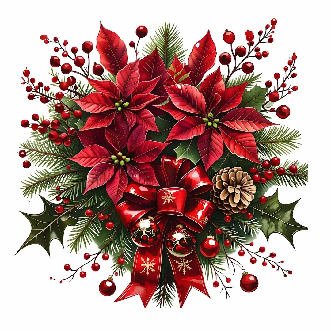 Red Poinsettia Christmas Clipart Bundle: Printable Holiday Graphics ...