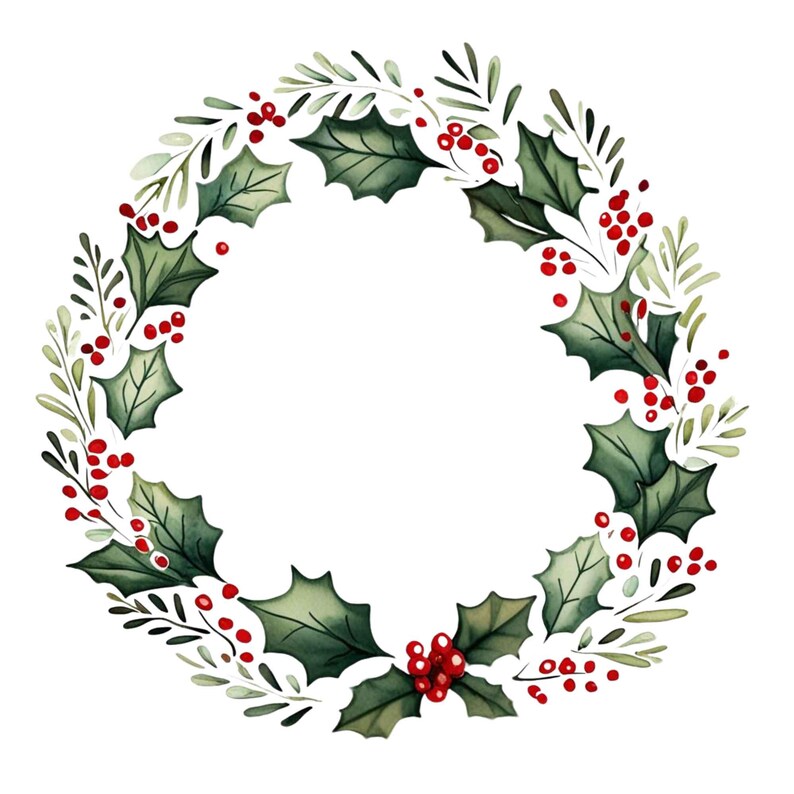20 Watercolor Christmas Wreath, Christmas Wreath Clipart, Holly Wreath ...