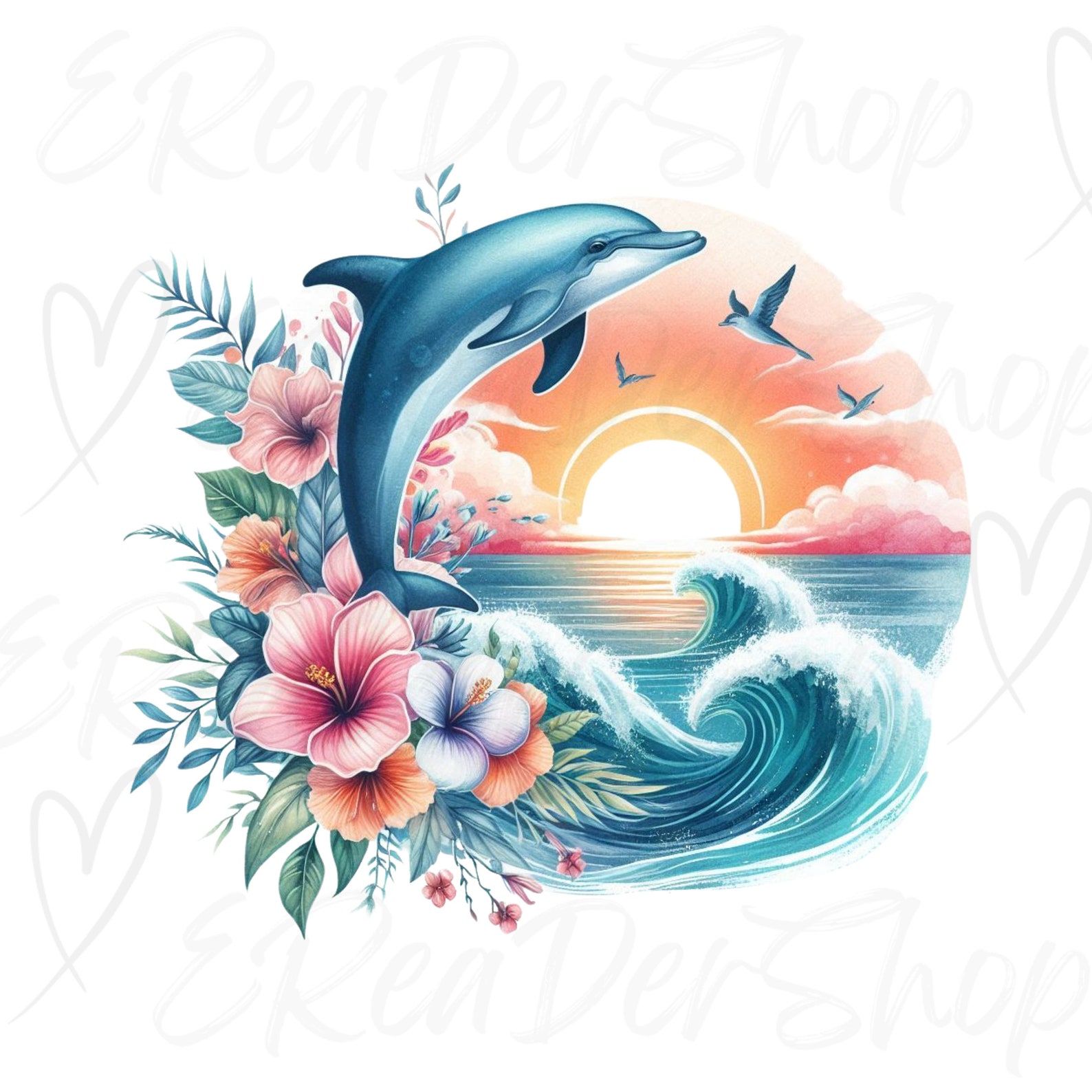 25 Watercolor, Tropical Sunset Dolphin, Cartoon Dolphin, Clipart, Sea ...