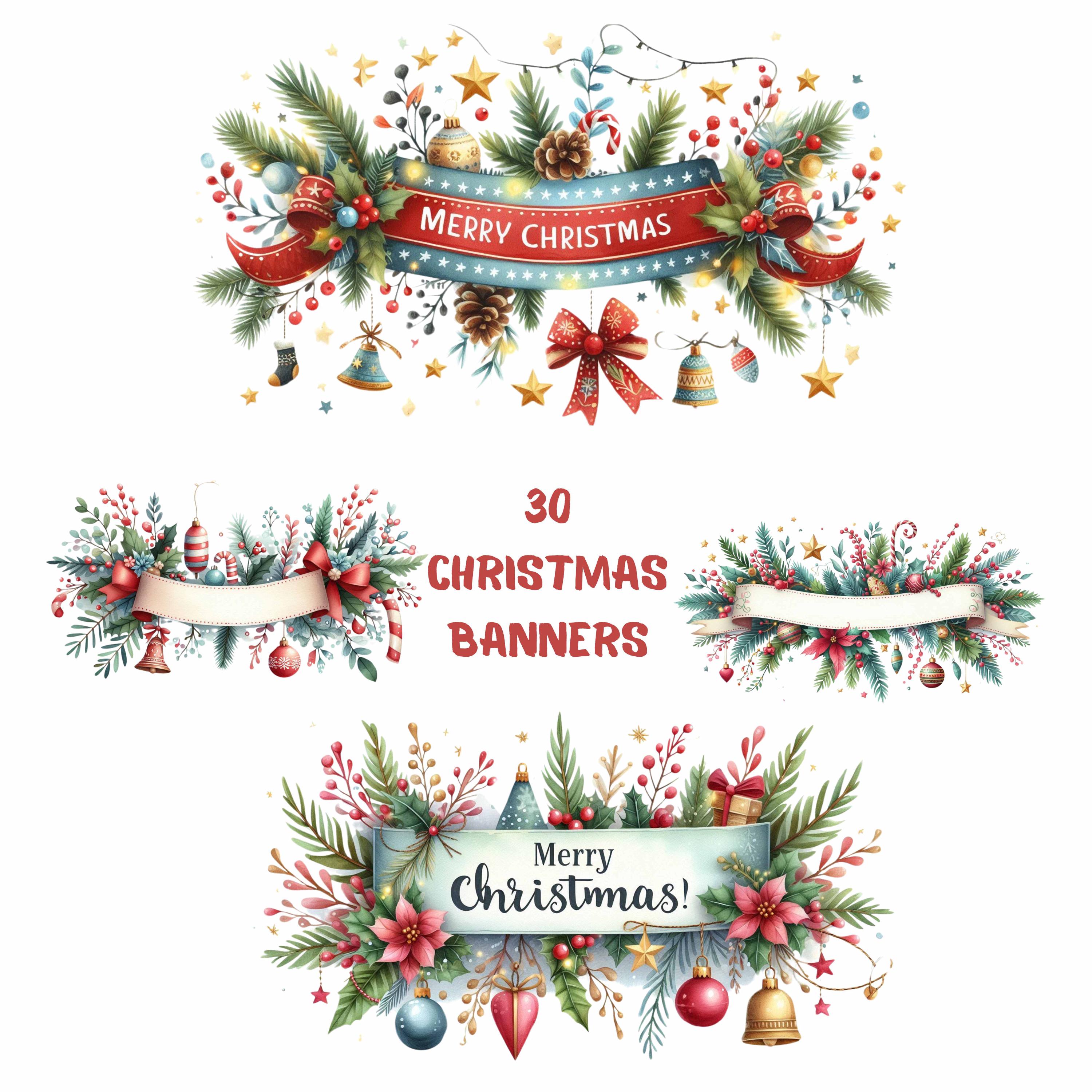 30 Christmas Banner Bundle, Christmas Clipart, Card Decor, Christmas ...