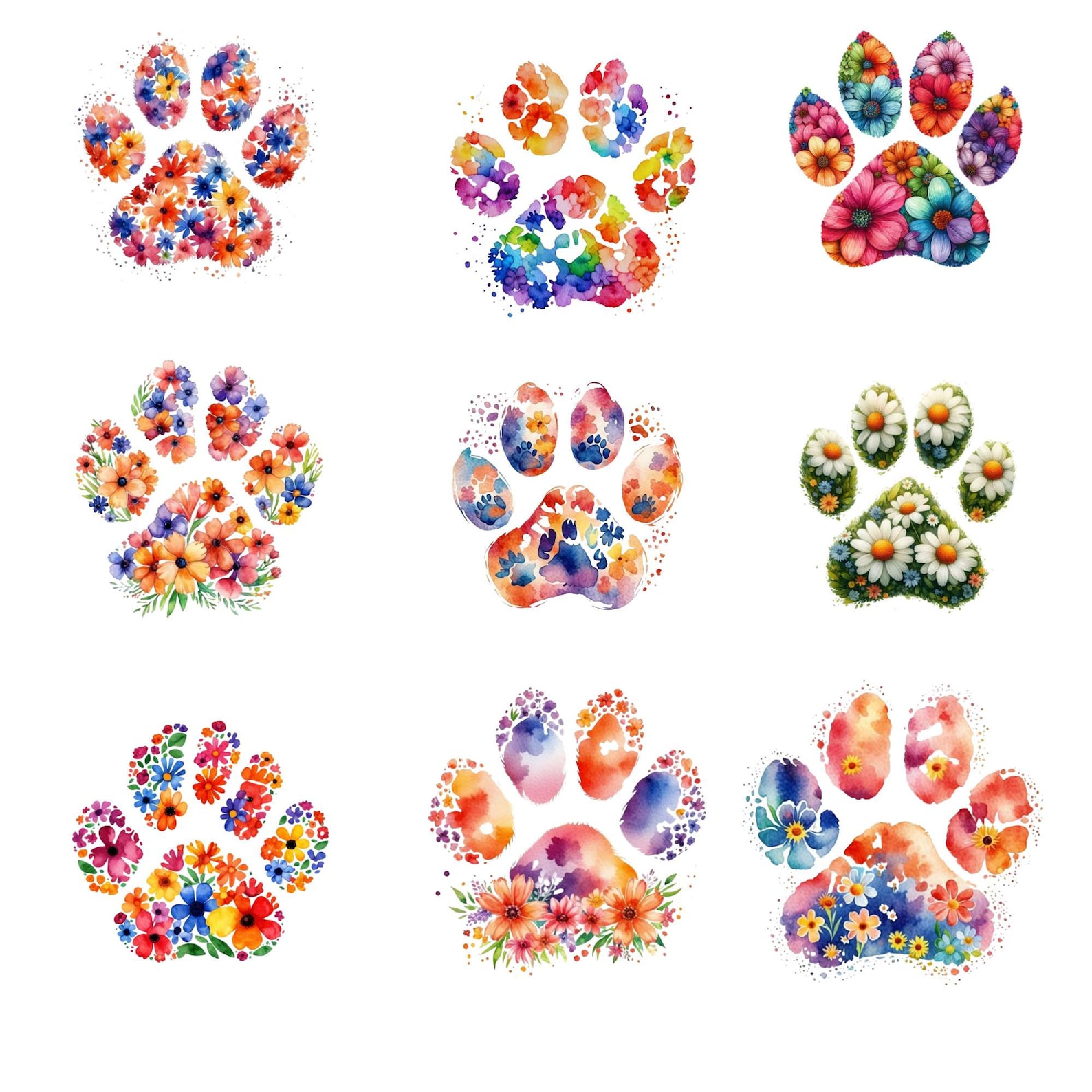 15 Floral Paw Clipart, Dog Prints, Watercolor Pet Prints, Floral Paws ...