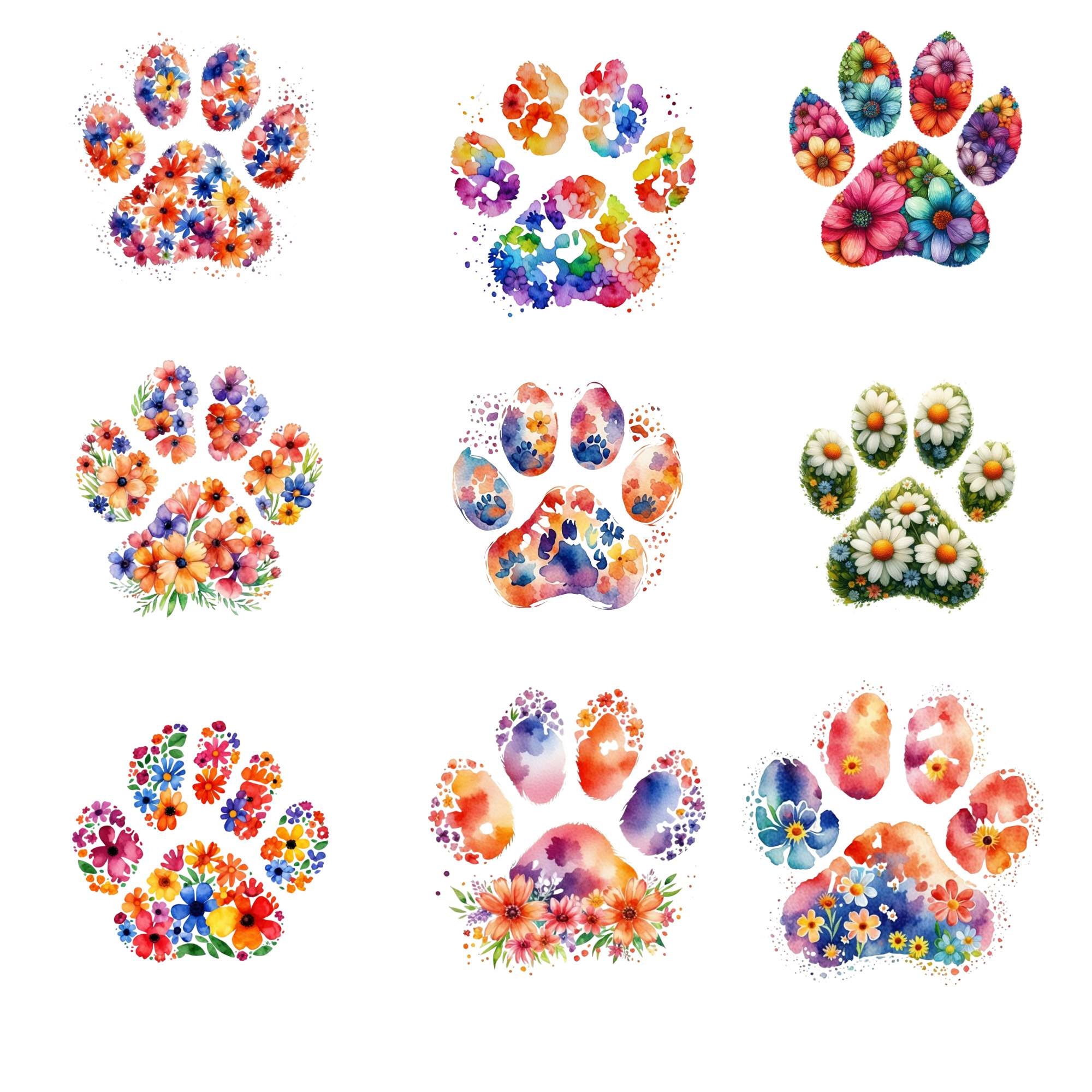 Floral Dog Paw Prints Clipart, Watercolor Pet Prints, (digital Download ...