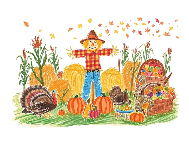 Fall Harvest Clipart: Scarecrow, Turkey, Pumpkin Field Illustration ...