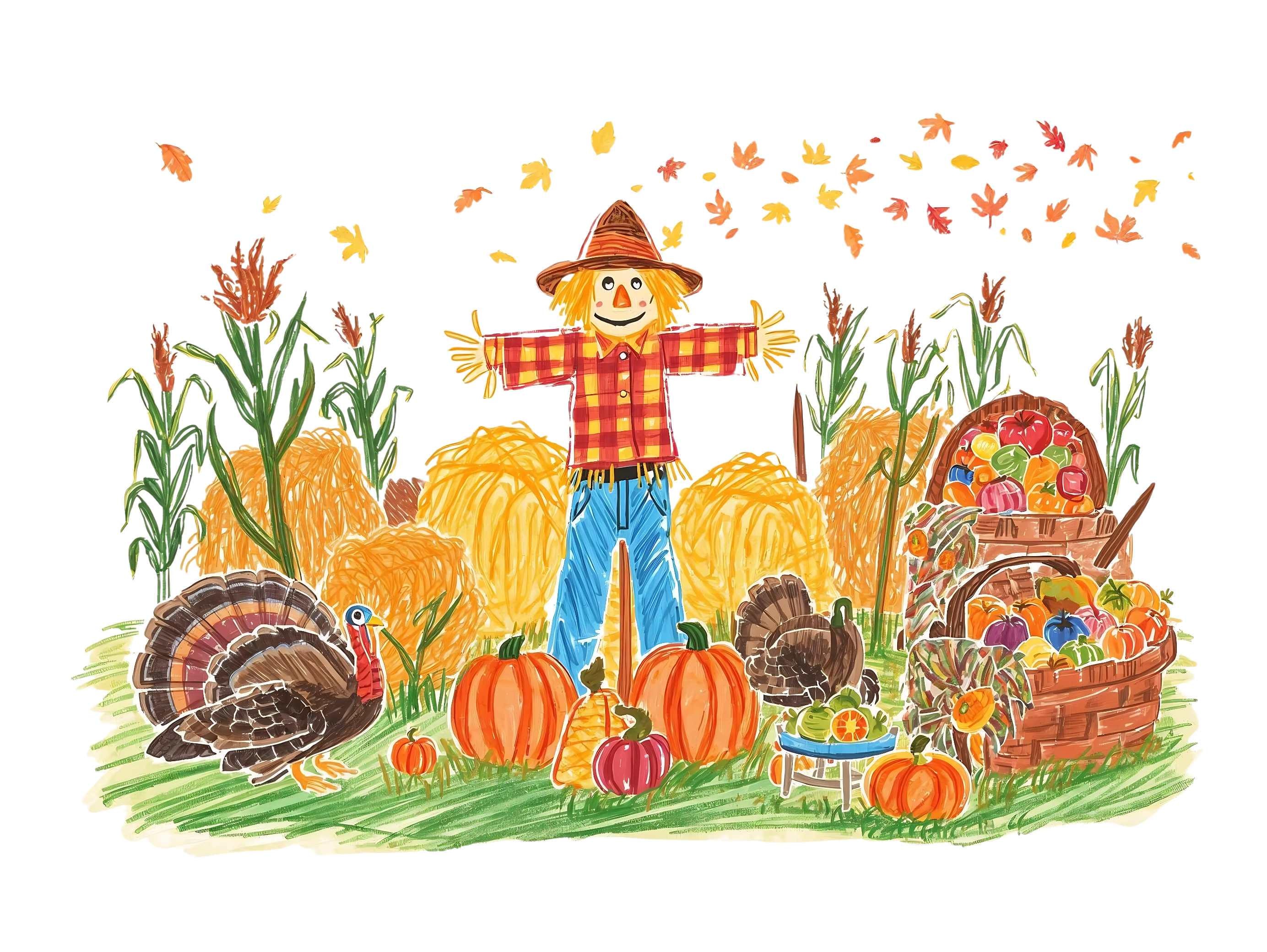 Fall Harvest Clipart: Scarecrow, Turkey, Pumpkin Field Illustration ...