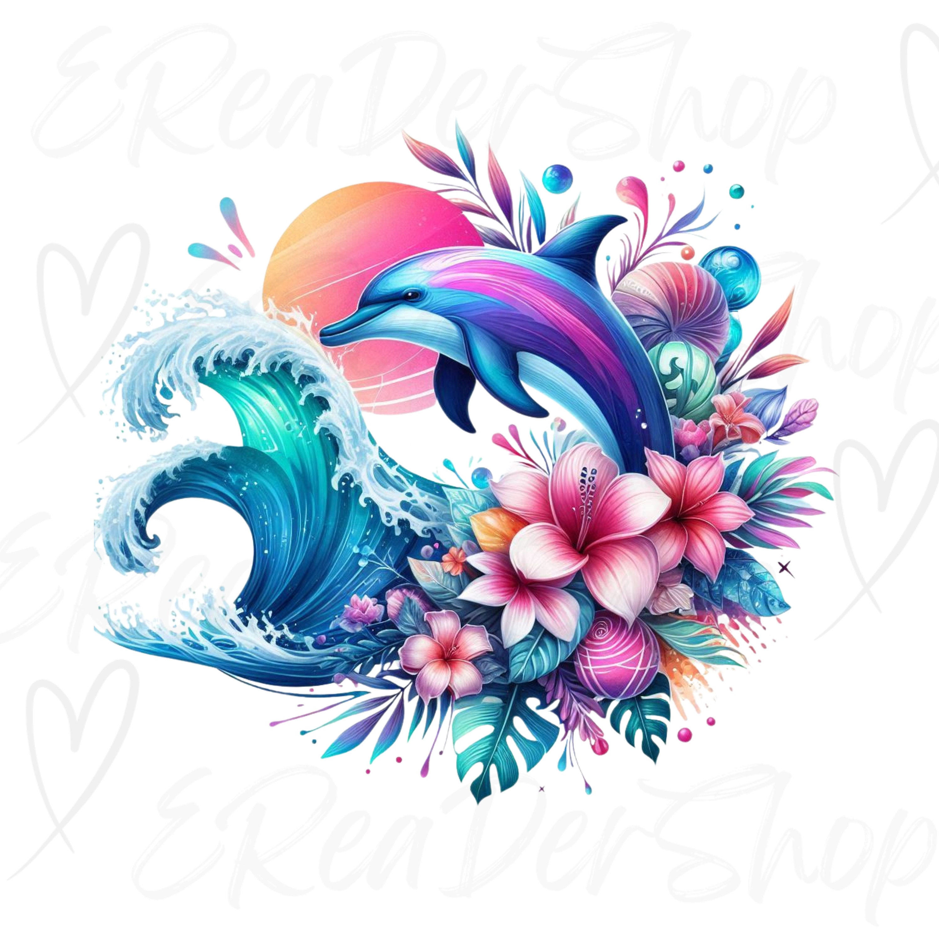 25 Watercolor, Tropical Sunset Dolphin, Cartoon Dolphin, Clipart, Sea ...