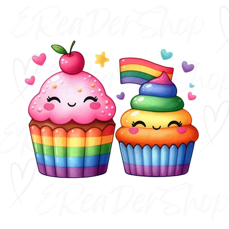 30 Png Rainbow Cupcakes, Watercolor Cupcakes, Cute Kawaii Rainbow ...