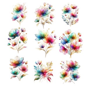 25 Rainbow Watercolor Flowers Clipart, Boho Floral Graphics, (digital ...